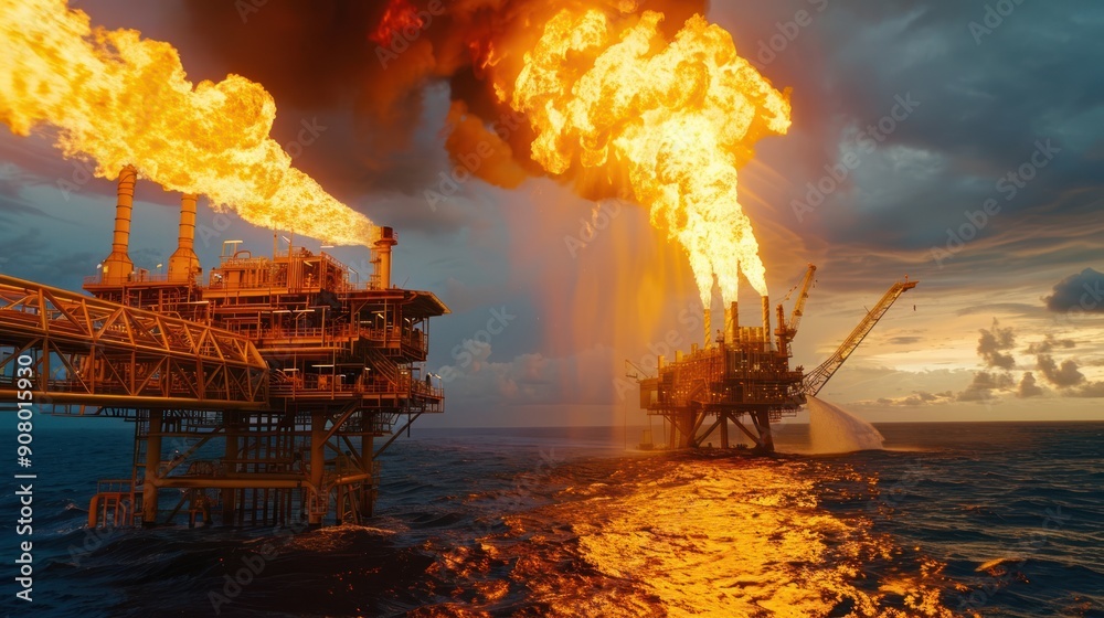 Flare offshore platform of oil rig and gas mining industry. Burning ...