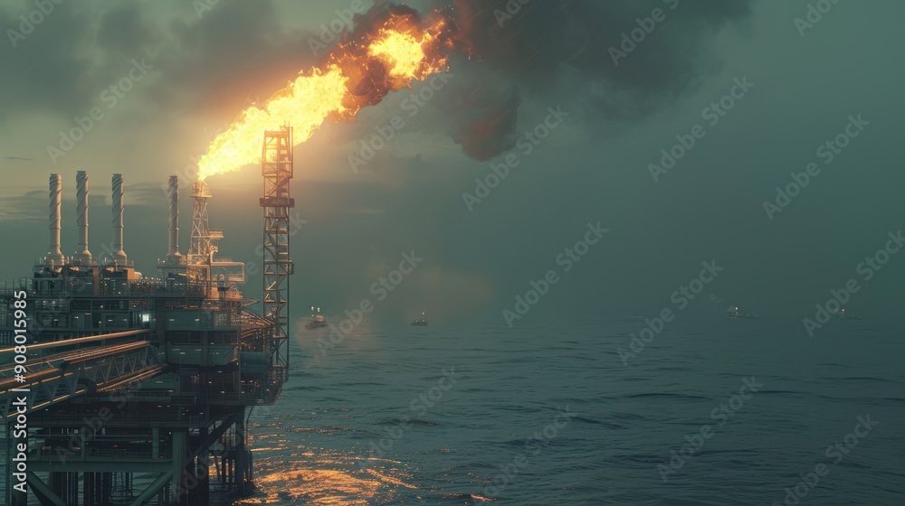 Flare offshore platform of oil rig and gas mining industry. Burning ...