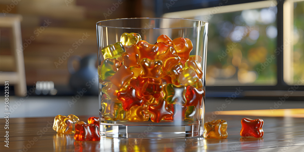 A Glass of Water with Assorted Gummy Bears Visibly Floating in it ...