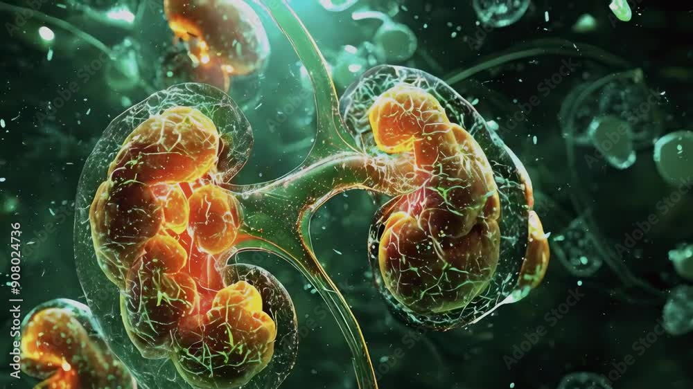 Detailed visual of human kidneys depicted in a digital medical ...