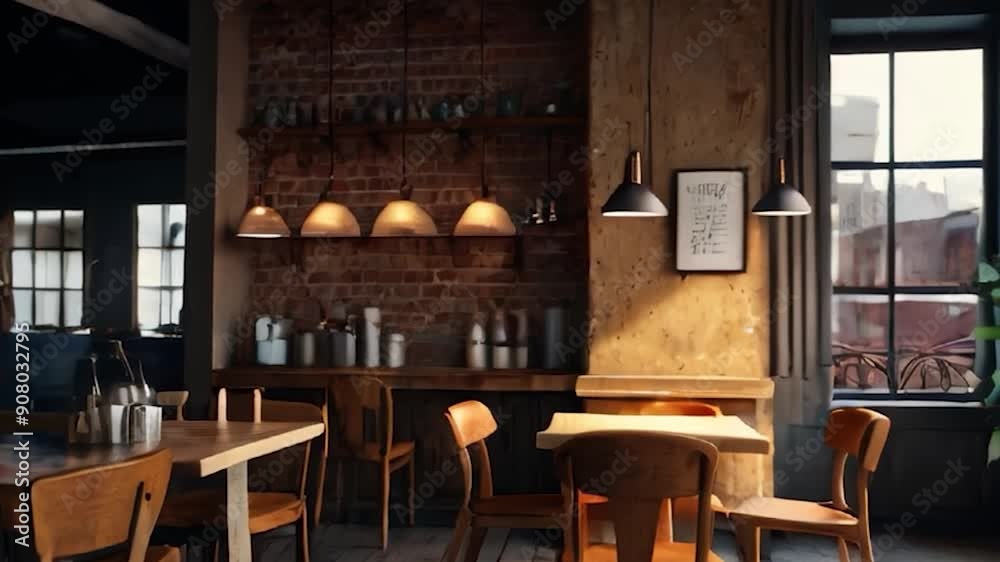 Industrial-Inspired Cafe Interior with Exposed Brick Wall, Wooden ...