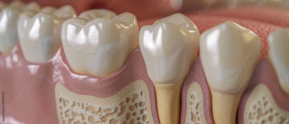 Detailed dental model showing human teeth and gums, highlighting second ...