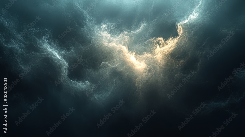 Faint abstract light shapes emerging from dense smog on a dark backdrop ...