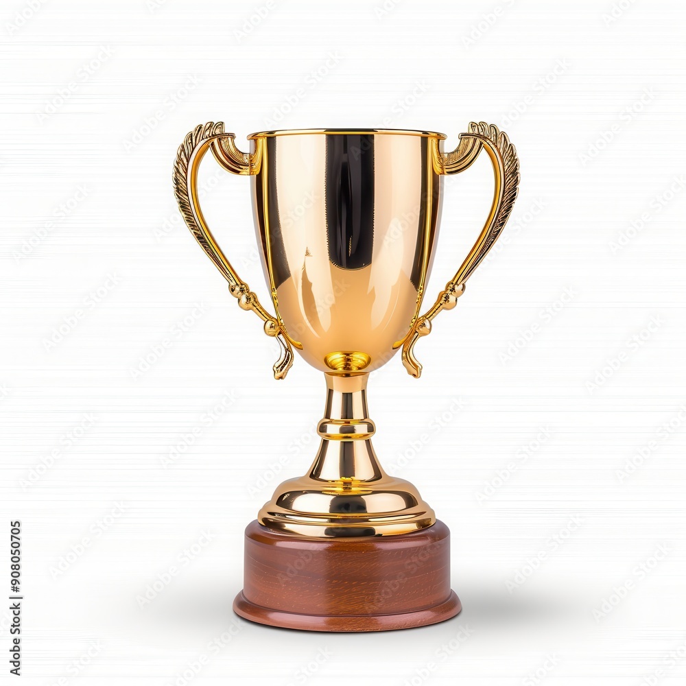 Classic cup trophy with a wooden base, isolated white background, side ...