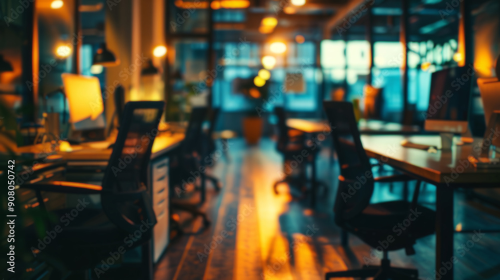 Blurred empty office desk with chair. Modern workspace featuring a desk ...