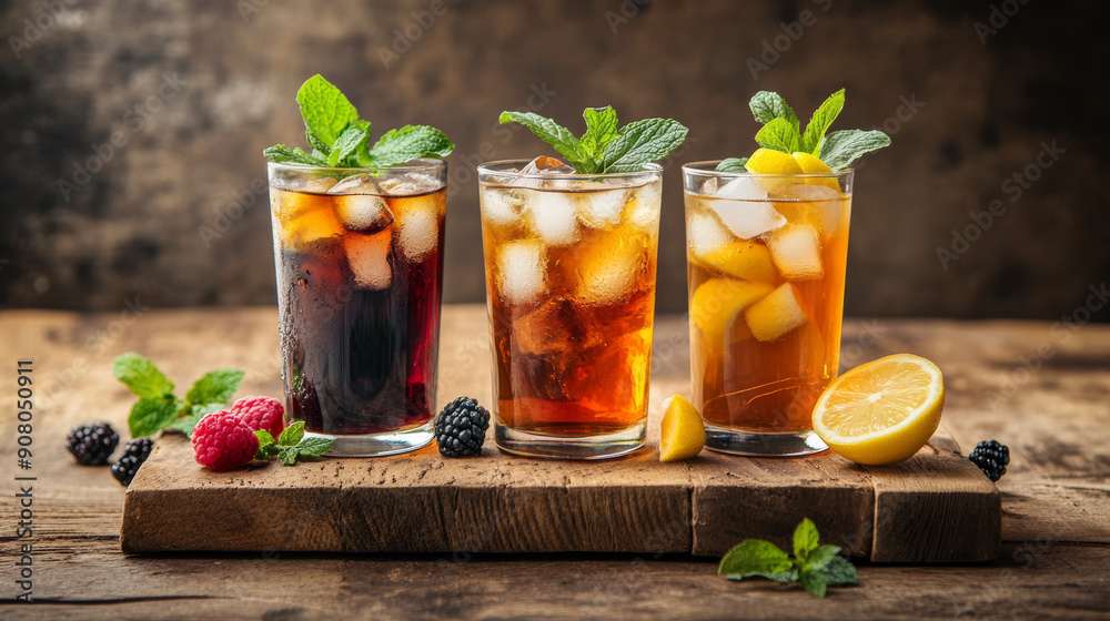 Depict a range of iced tea flavors, such as classic black tea, green ...