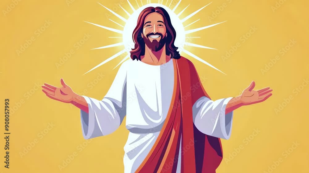 jesus christ face smiling with halo and rays of light cartoon style ...