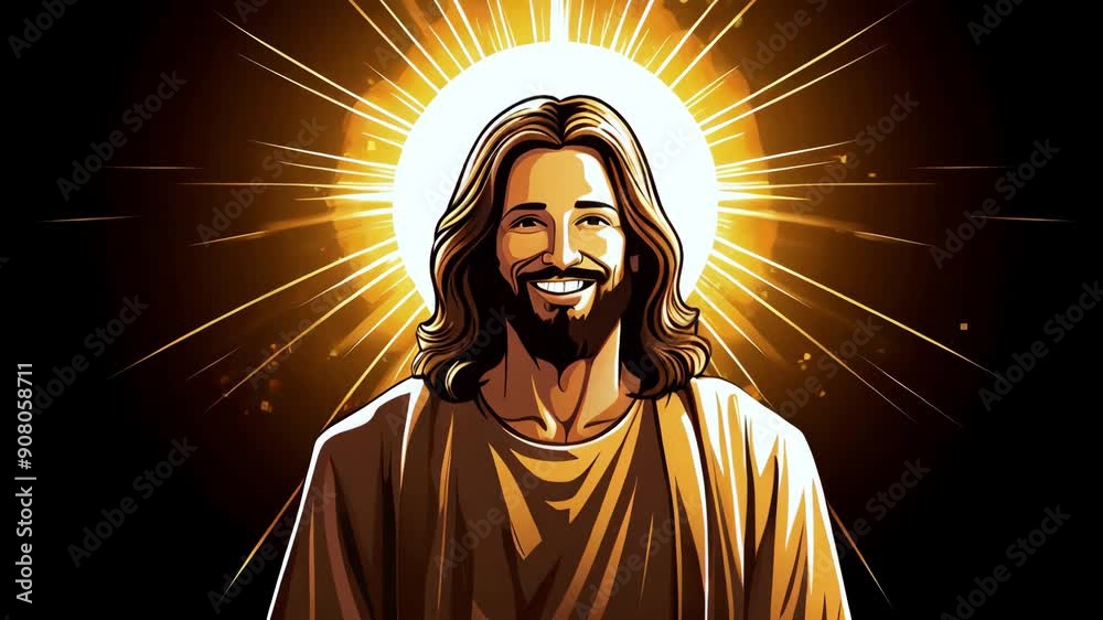jesus christ face smiling with halo and rays of light cartoon style ...