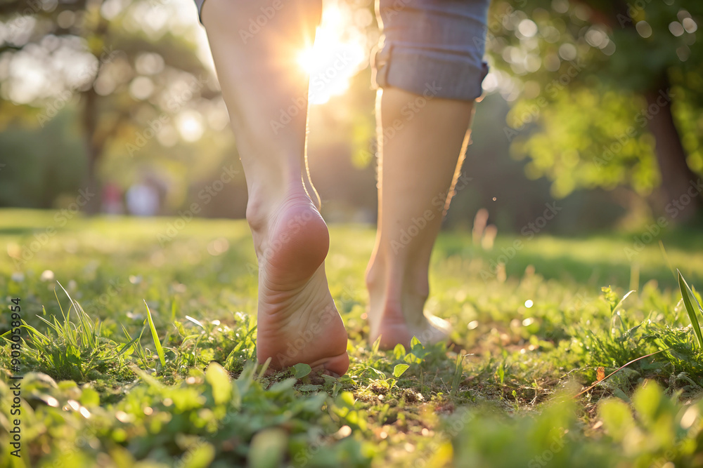 Bare feet walking on grass with a sunlit background. A serene moment ...