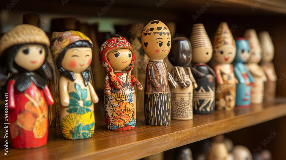 Highlight dolls from various cultures, like Japanese kokeshi, Russian ...