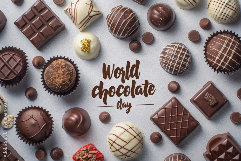 world chocolate day text with different types of chocolates, top view ...