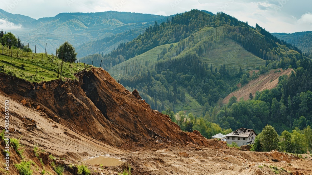 Landslide in a mountain area after heavy rains, a consequence of ...
