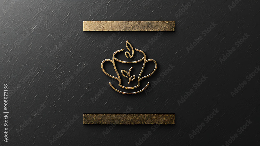Gold cup of coffee logo on black background with gold bar underneath ...