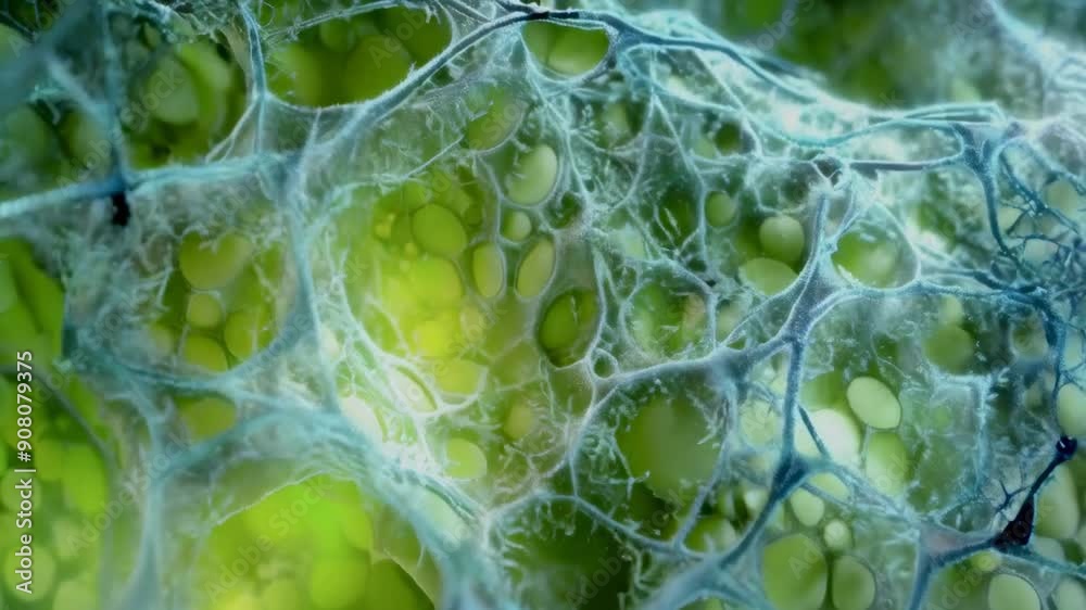 An intricate close-up of green and blue soap bubbles interconnected ...