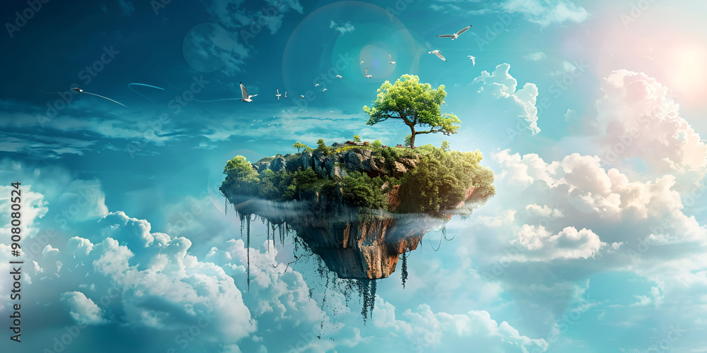 Flying land with beautiful landscape green grass and waterfalls ...