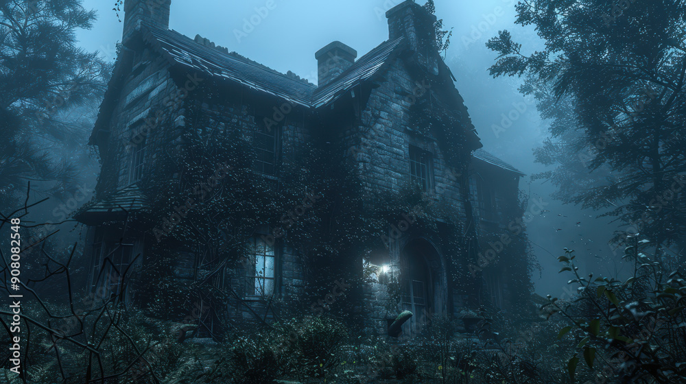 Spooky abandoned house covered in ivy with dim lights, perfect for ...