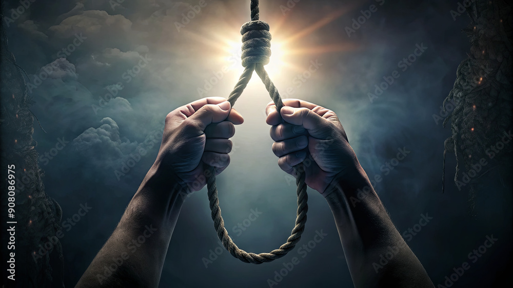 Hands firmly hold a rope tied in a knot, illuminated by light breaking ...