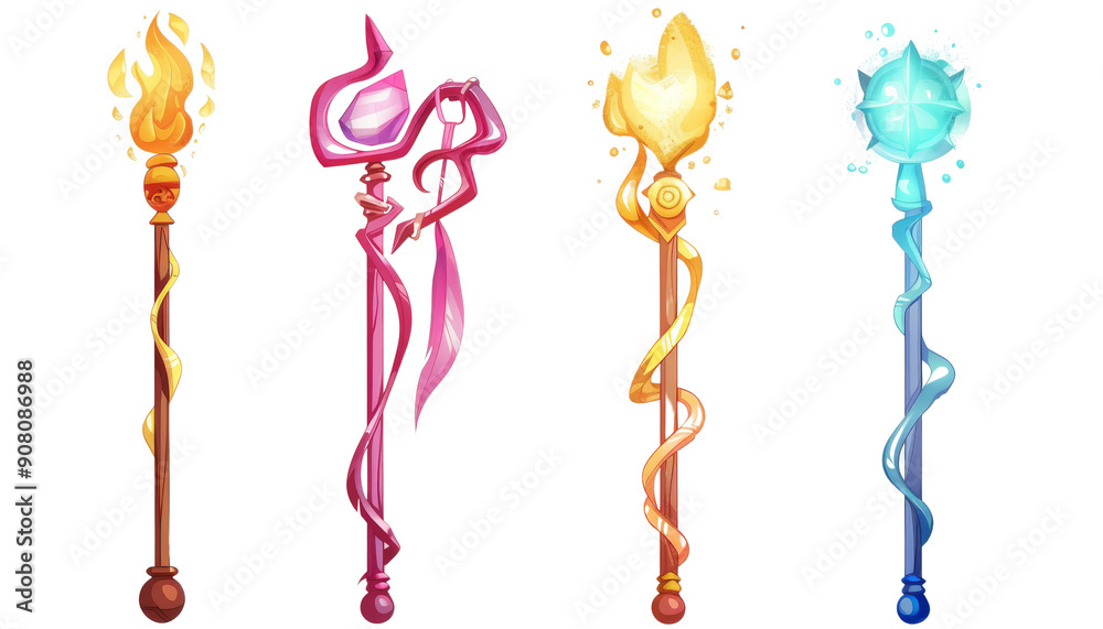 Four magical staffs with different elemental powers: fire, earth, wind ...