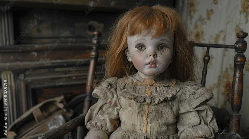 Vintage porcelain doll with cracked face and old-fashioned dress ...