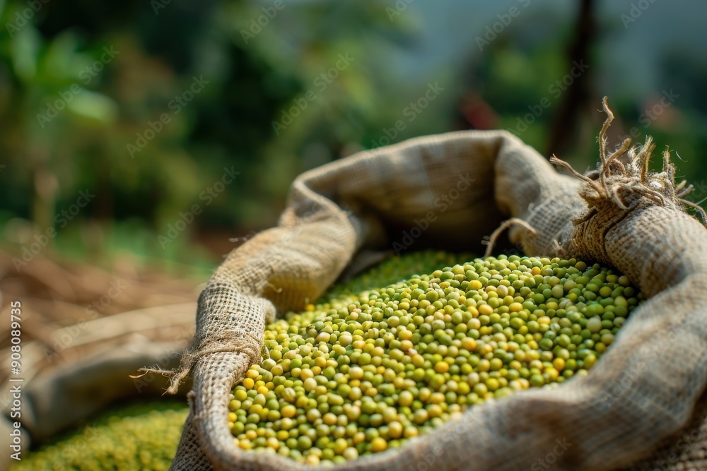 Collecting a bag of green moong lentils (vigna radiata) for effective ...