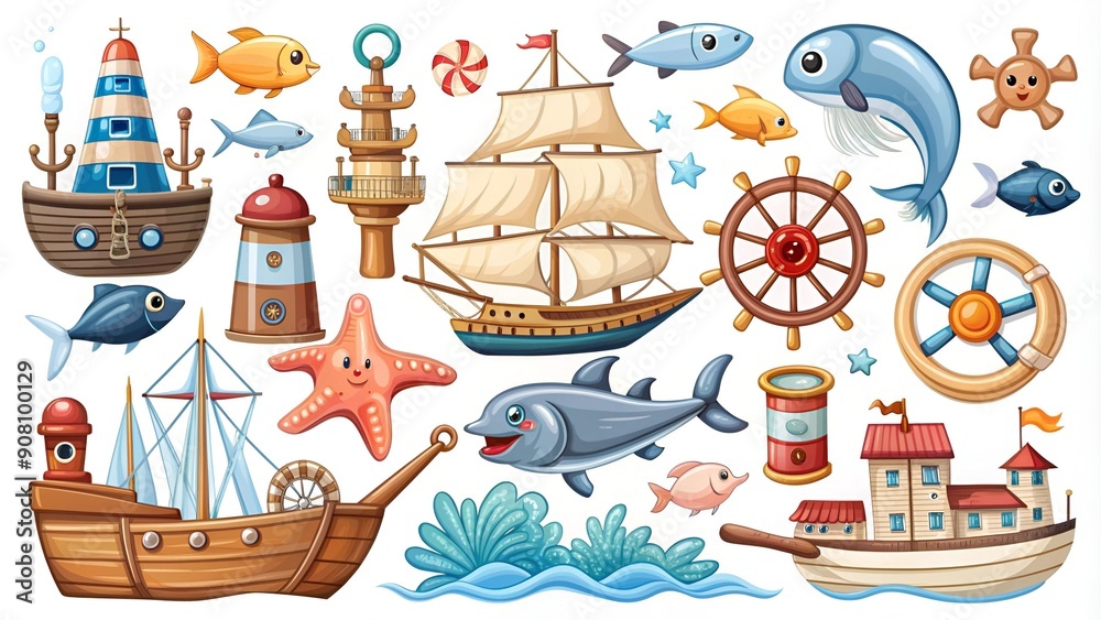 Marine set, cartoon sea elements, old nautical equipment of ship and ...