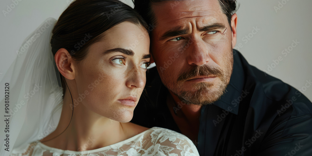 Sad man and woman in wedding clothes. Unsuccessful marriage, problems ...