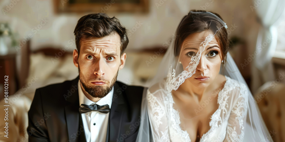 Sad man and woman in wedding clothes. Unsuccessful marriage, problems ...