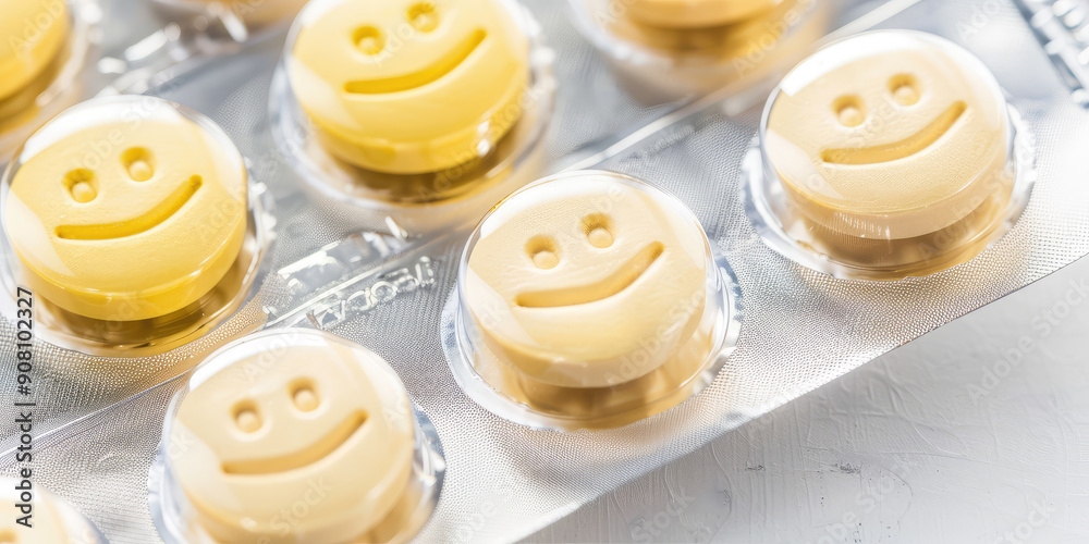 Tablets with smiles smiley faces in a blister pack on a simple ...