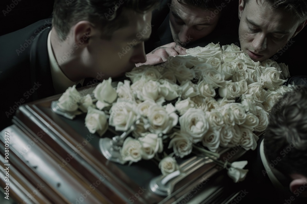 Group of men mourning near a coffin adorned with white flowers in a ...