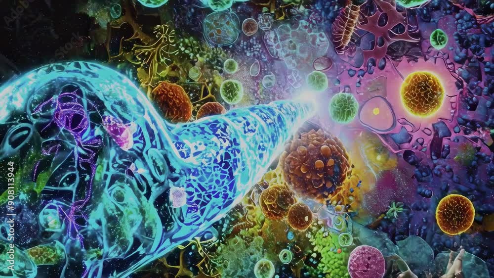 A vibrant, abstract depiction of a microbial world with various ...