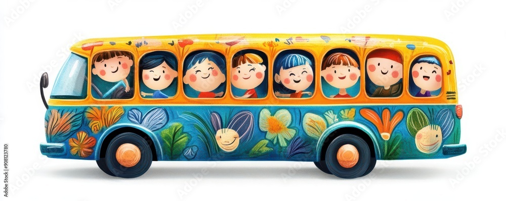 Cute cartoon school bus with smiling faces, childrens illustration ...
