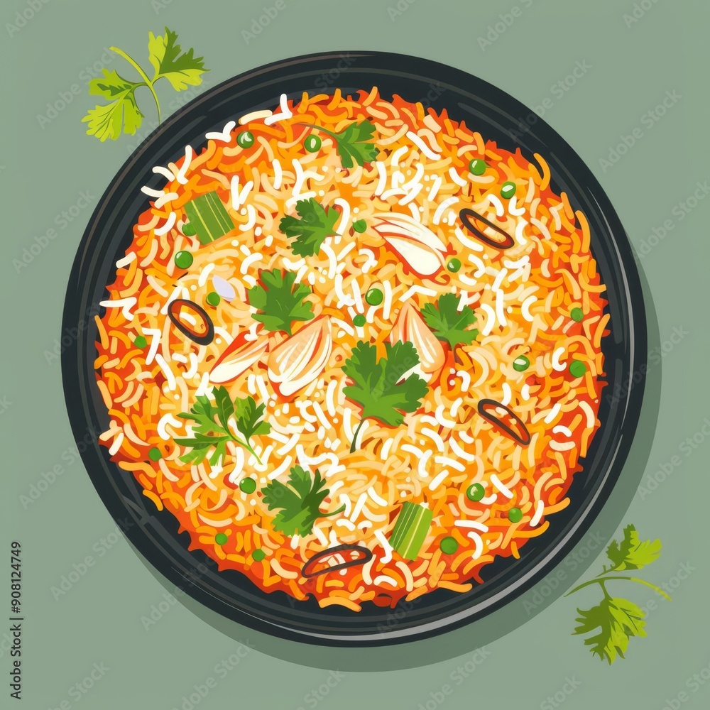 Biryani flat design top view Indian cuisine theme cartoon drawing ...