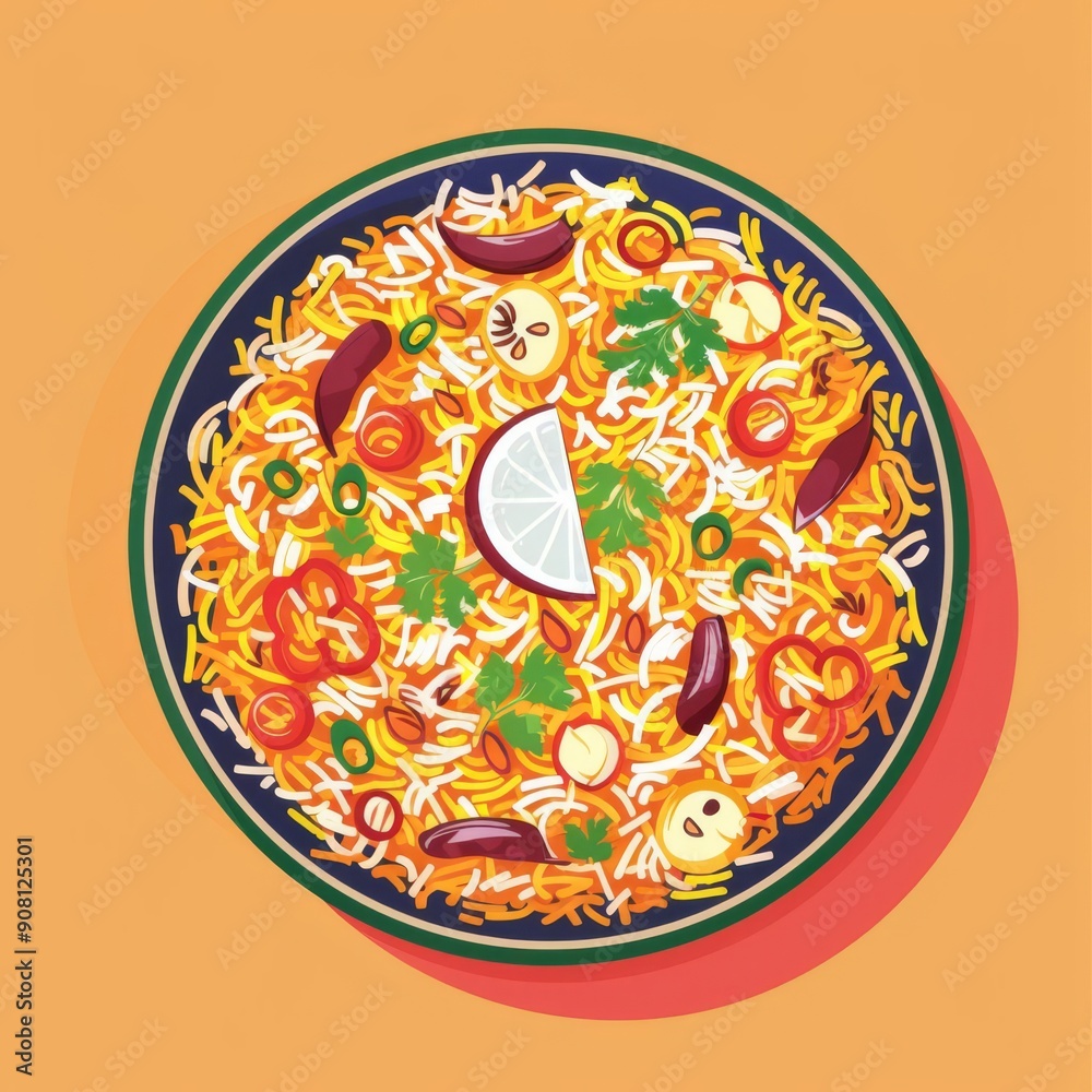 Biryani flat design top view Indian cuisine theme cartoon drawing ...