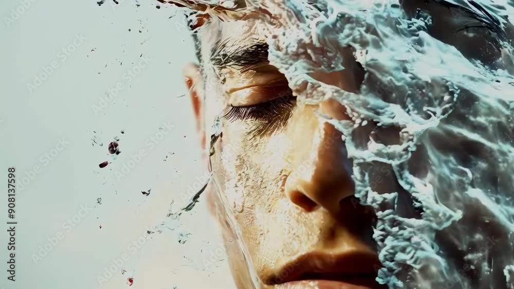 A close-up shot captures a young Asian man, with water splashing across ...