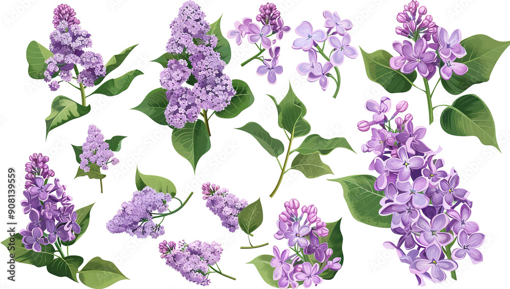 vector purple lilac flowers set isolated on white background, detailed ...