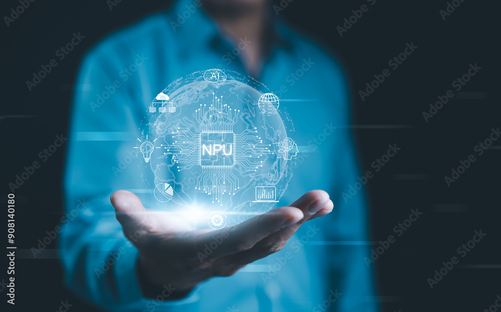 AI, Artificial intelligence, NPU, Neural Processing Unit. Businessman holding holographic ...