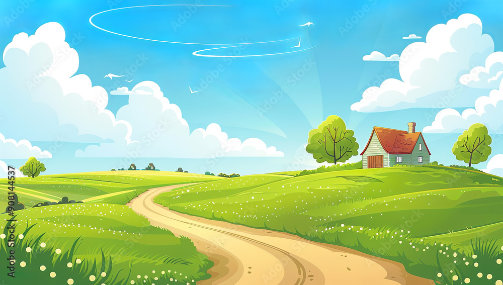 Cartoon illustration style, green fields with dirt roads and farmhouses ...
