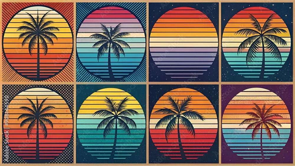 Vintage color backgrounds with retro shapes and sunset illustrations ...