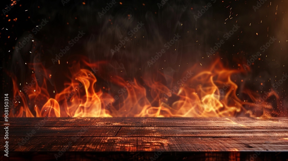 Blank rustic wooden table board on fire flame burning on dark ...