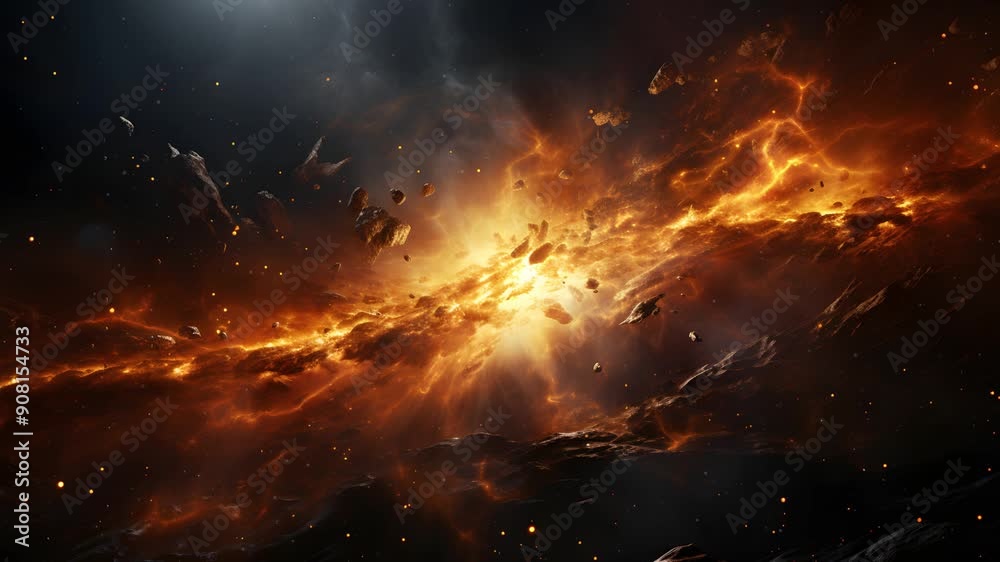A fiery cosmic explosion with debris flying through space. The ...