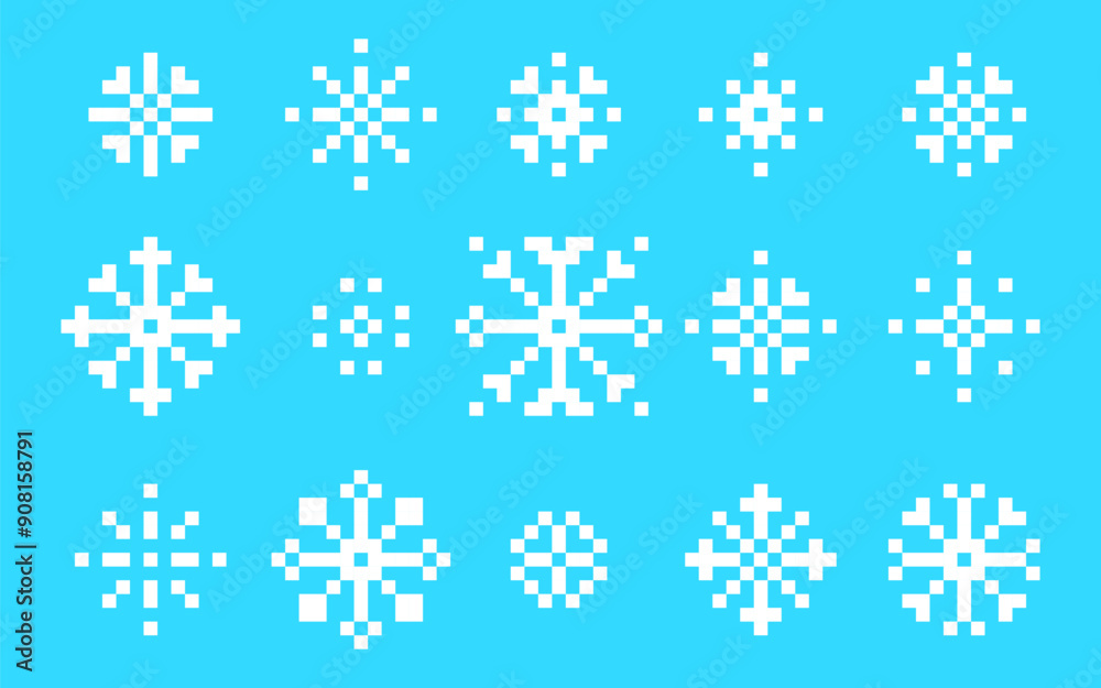 Pixel snowflake set. Winter decorative elements in pixel art. Mood of ...