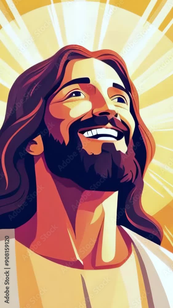 jesus christ face smiling with halo and rays of light cartoon style ...