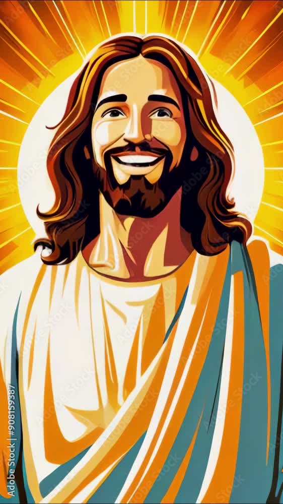 jesus christ face smiling with halo and rays of light cartoon style ...