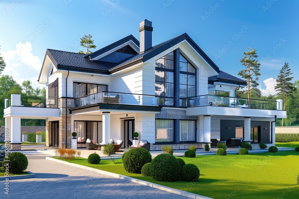 Beautiful modern house exterior with grass field Modern residential ...