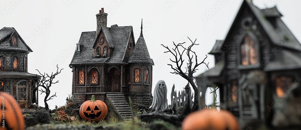 Miniature haunted houses with glowing windows and spooky ghosts are ...