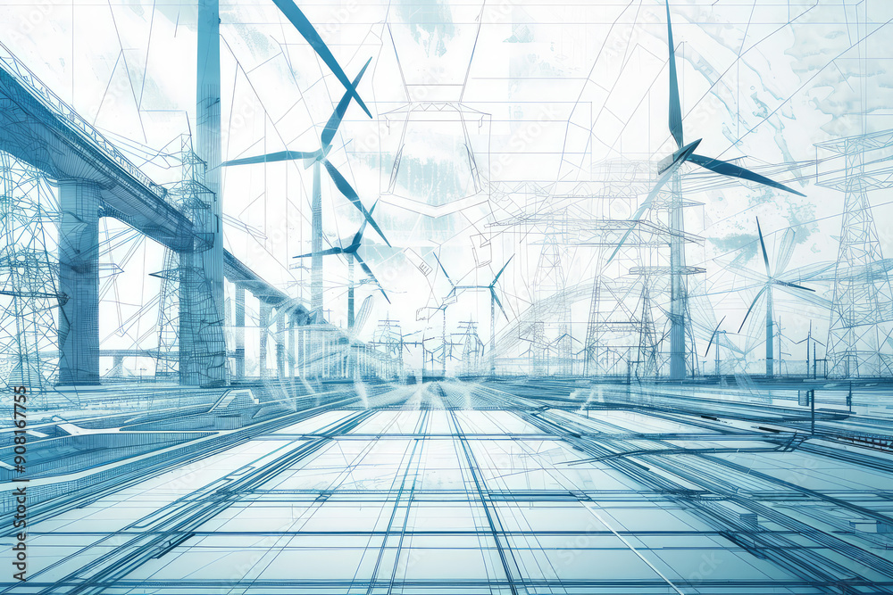 Giant wind turbines, intricate blueprints of a bridge, high-speed ...