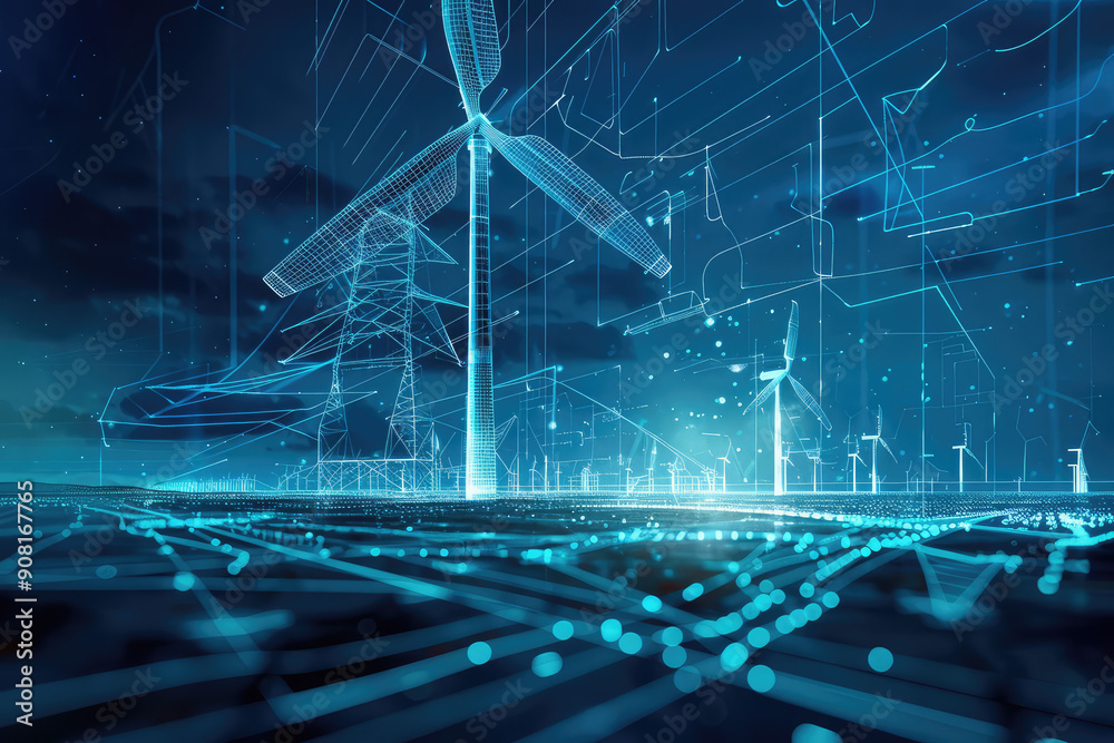 Giant wind turbines, intricate blueprints of a bridge, high-speed ...