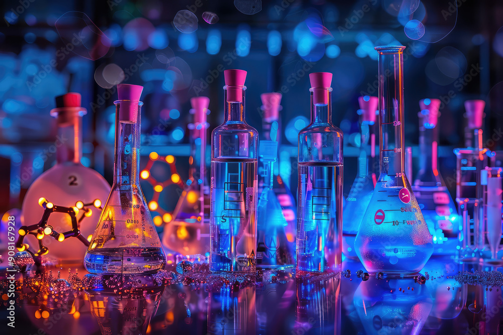 Periodic table elements glowing, molecular models, vibrant chemical ...