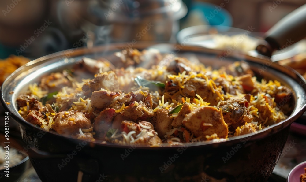 Chicken biryani in a traditional Indian cooking pot. Concept ...