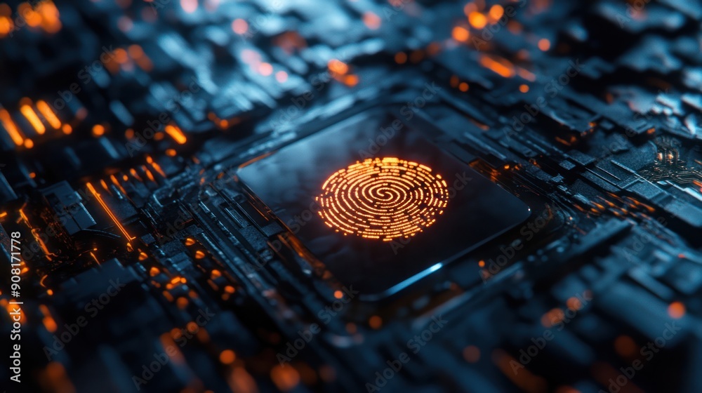 Glowing Fingerprint on Circuit Board - A glowing orange fingerprint ...